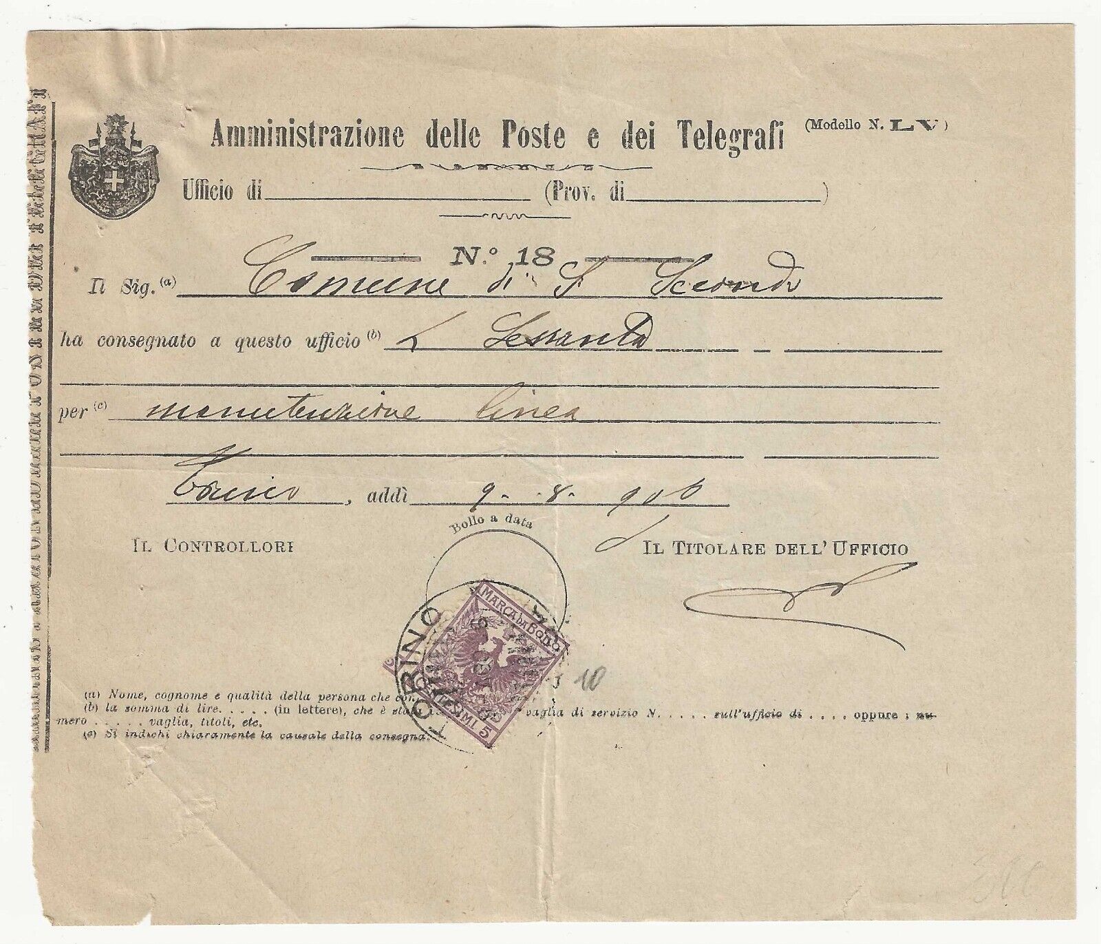 Regno d'Italia - Marca da bollo 5 cent. lilla su ricevuta Amminsitrazi ...